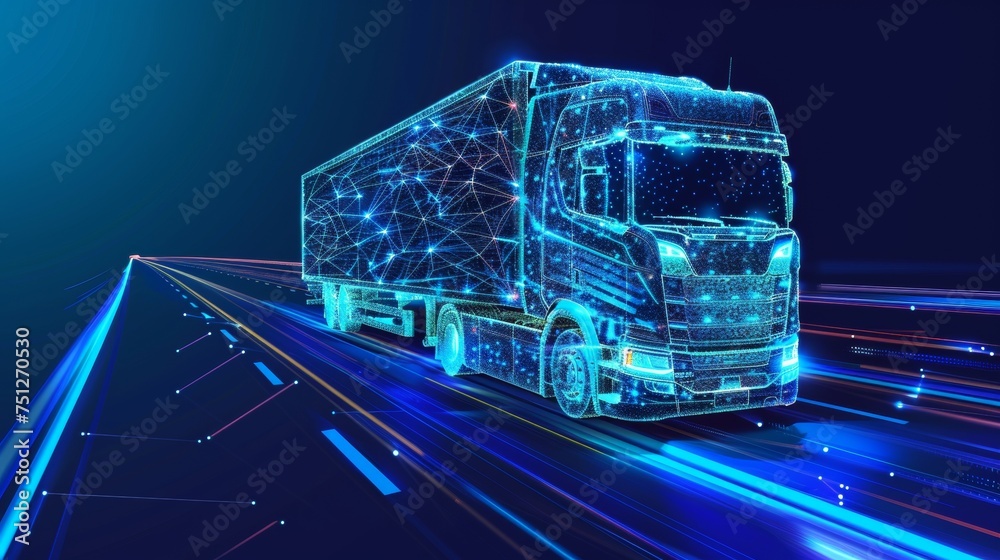 Abstract 3D heavy lorry van. Highway road. Isolated on blue ...