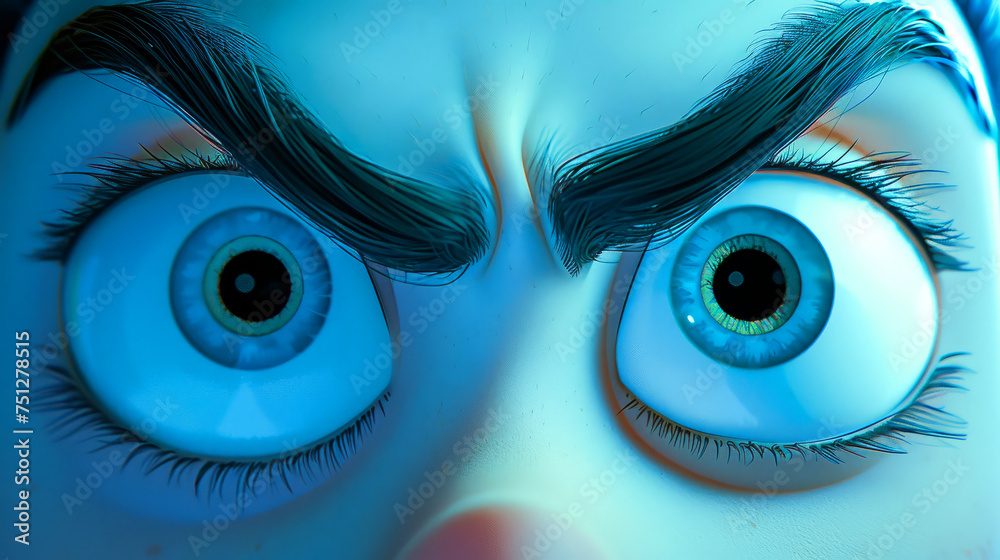 A cartoon character with blue eyes and a scowl on his face. The ...