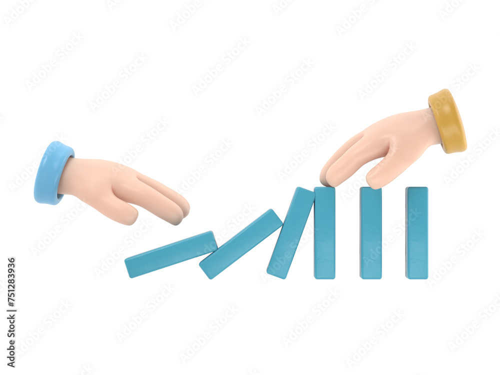 Domino effect concept. One man pushes the dominoes and second stops ...