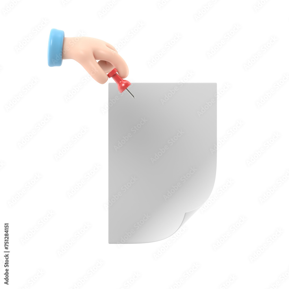 Paper push pins. Thumbtack in hand man. Empty white sheet. 3D ...