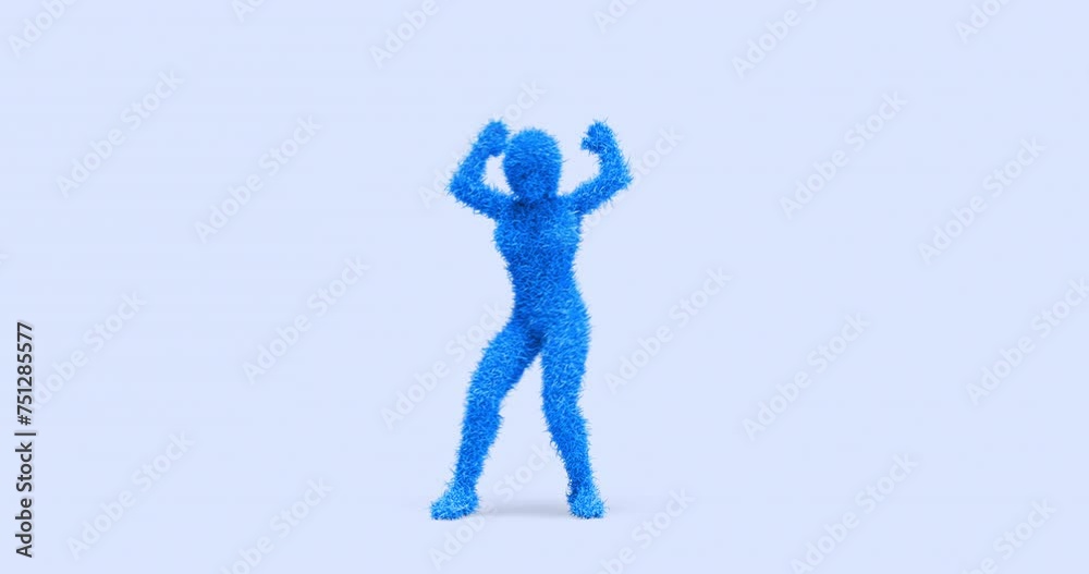 Blue 3D Hairy Furry Female Character Dancing On Empty Stage. Perfect ...