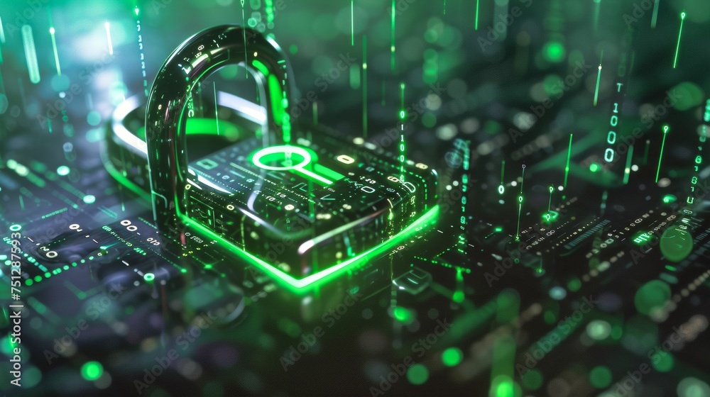 a 3D icon of a padlock encased in digital encryption codes, symbolizing ...