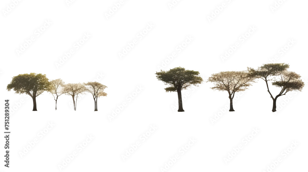 A row of isolated trees of different species with different foliage ...