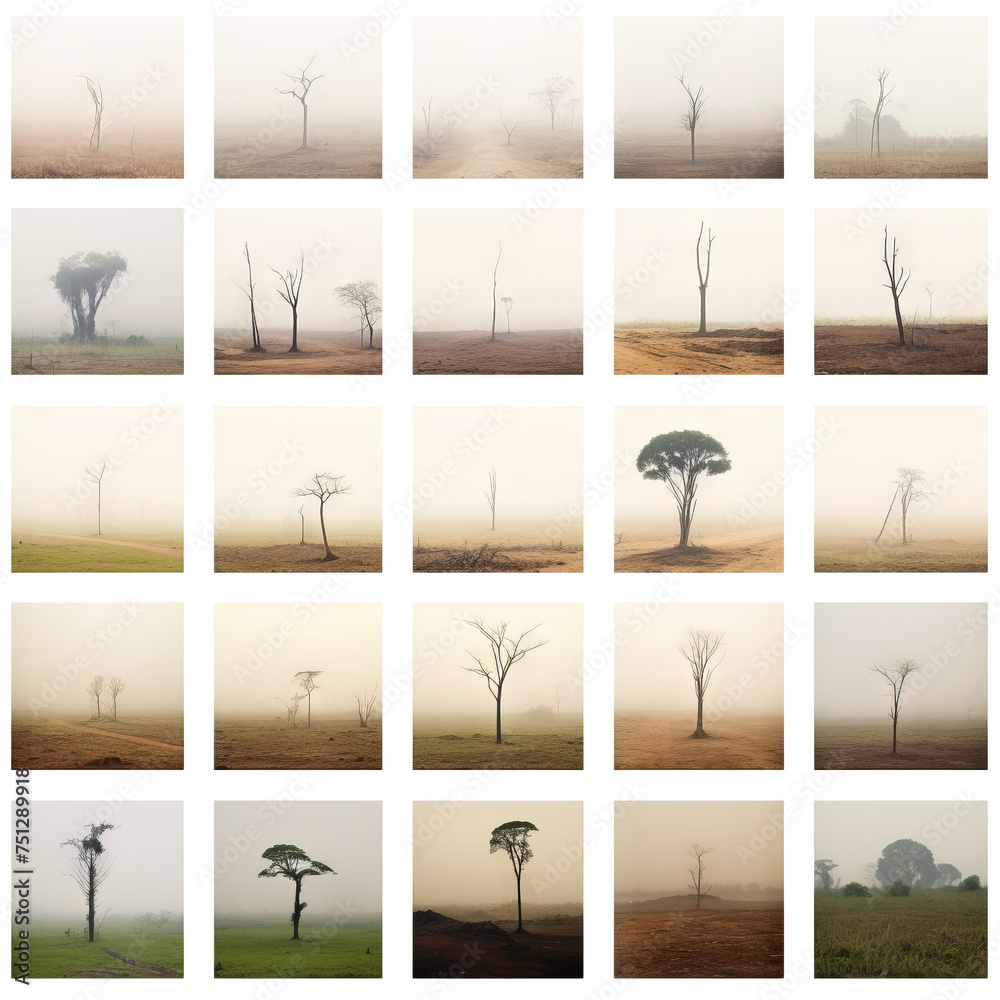 A row of isolated trees of different species with different foliage ...