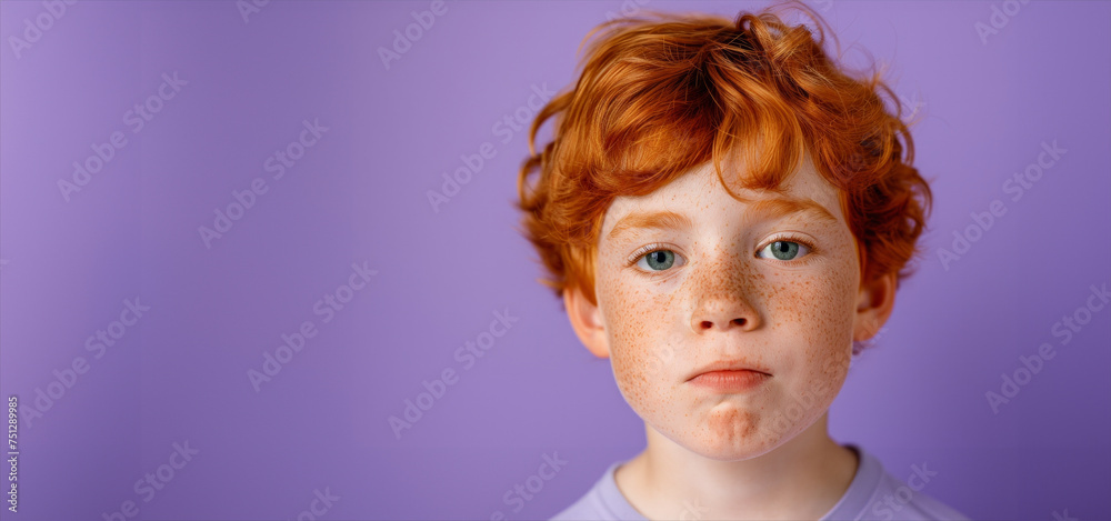 A boy with red hair and blue eyes is looking at the camera. He has a ...