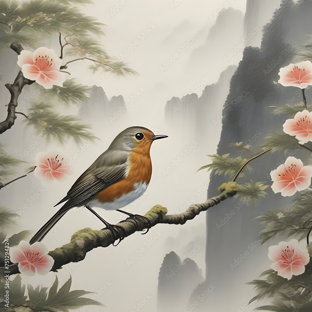 Robin bird and mountain, Japanese painting of mountain, forest ...