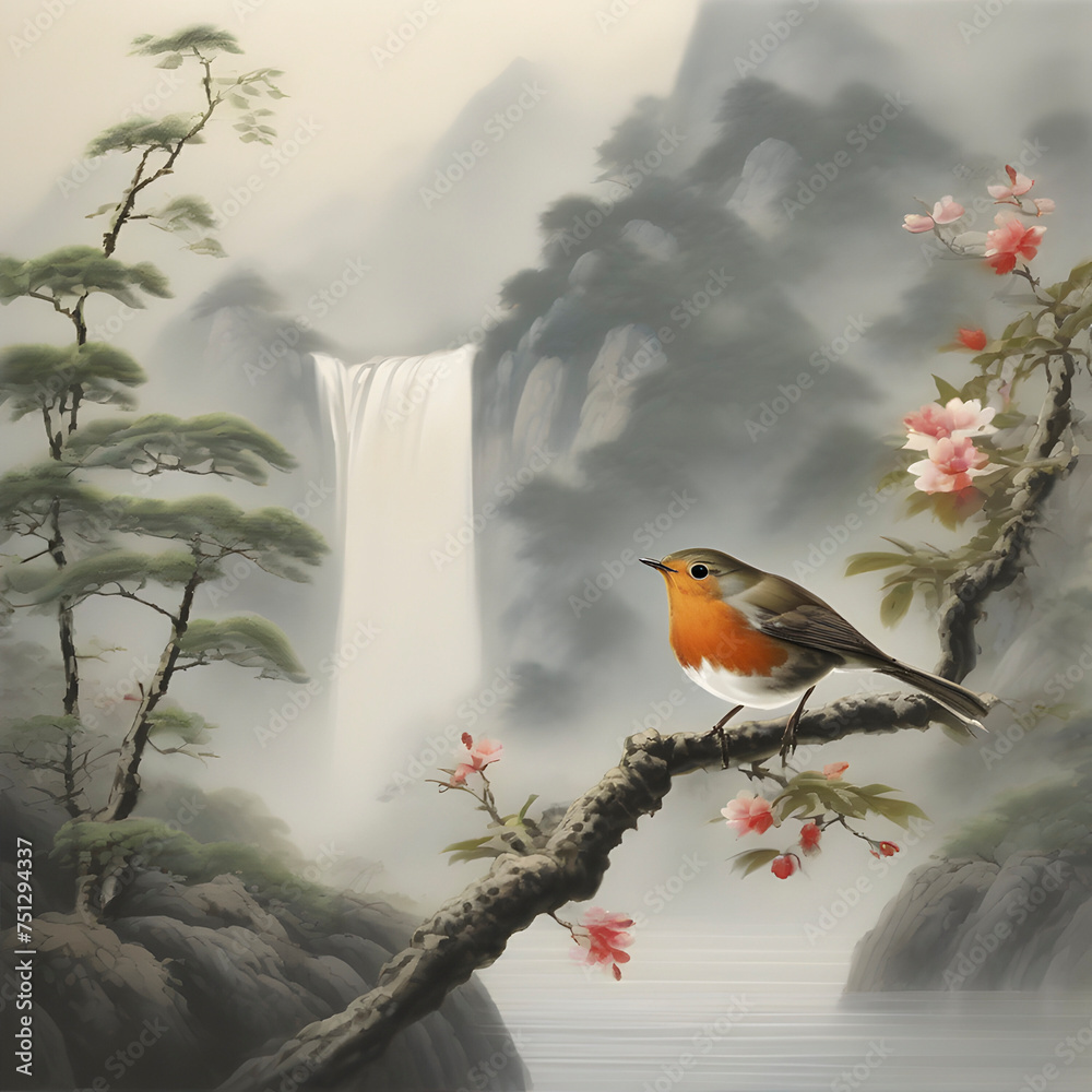 Robin bird and mountain, Japanese painting of mountain, forest ...