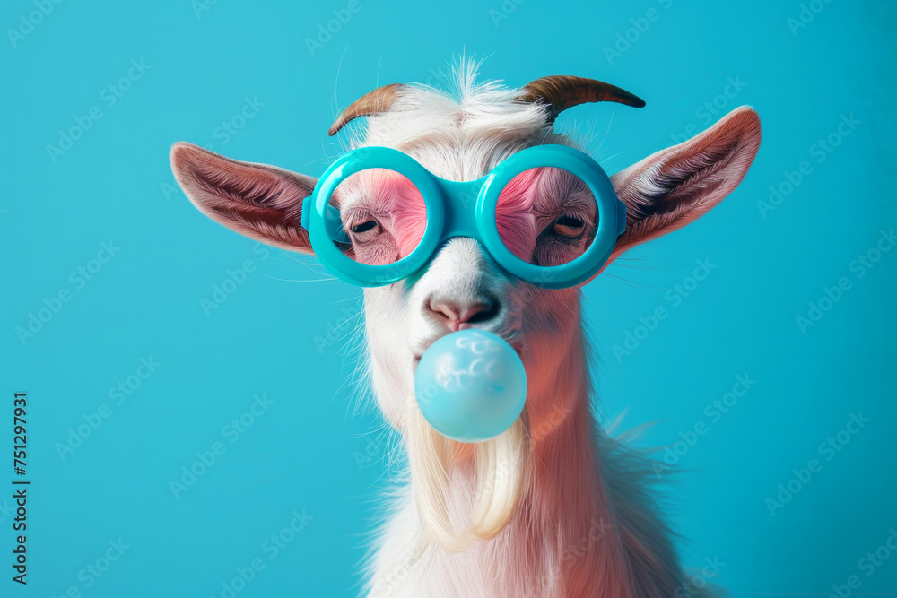 portrait of a goat blowing bubble gum, wearing blue goggles. A goart ...