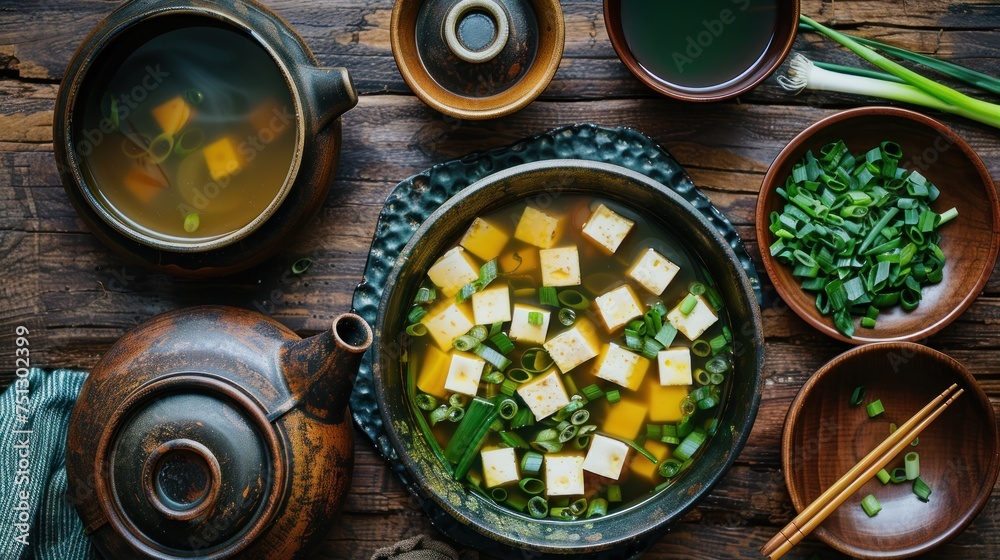 Traditional Japanese miso soup with tofu and scallions. With green tea ...