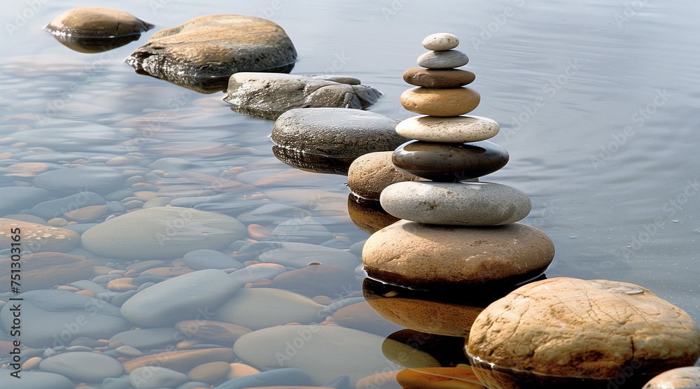 Zen Balanced Pebbles at l'Ayguade Pebble Beach, on the water Stock ...