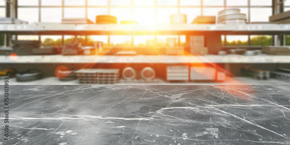 A table in an outdoor construction warehouse for product display ...