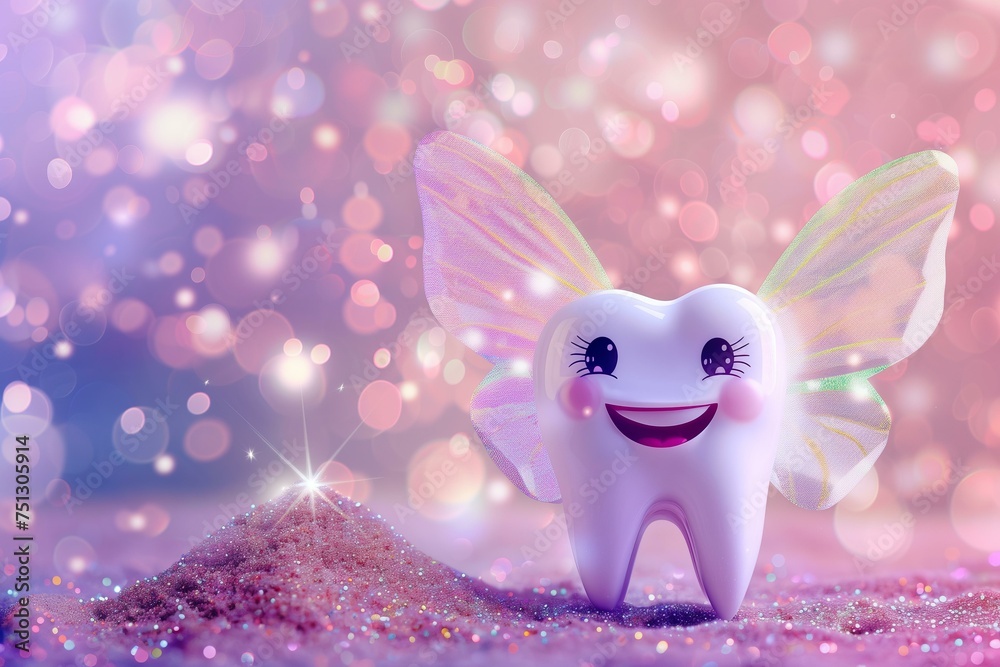 cute tooth character with iridescent fairy wings, a lot of fairy dust ...