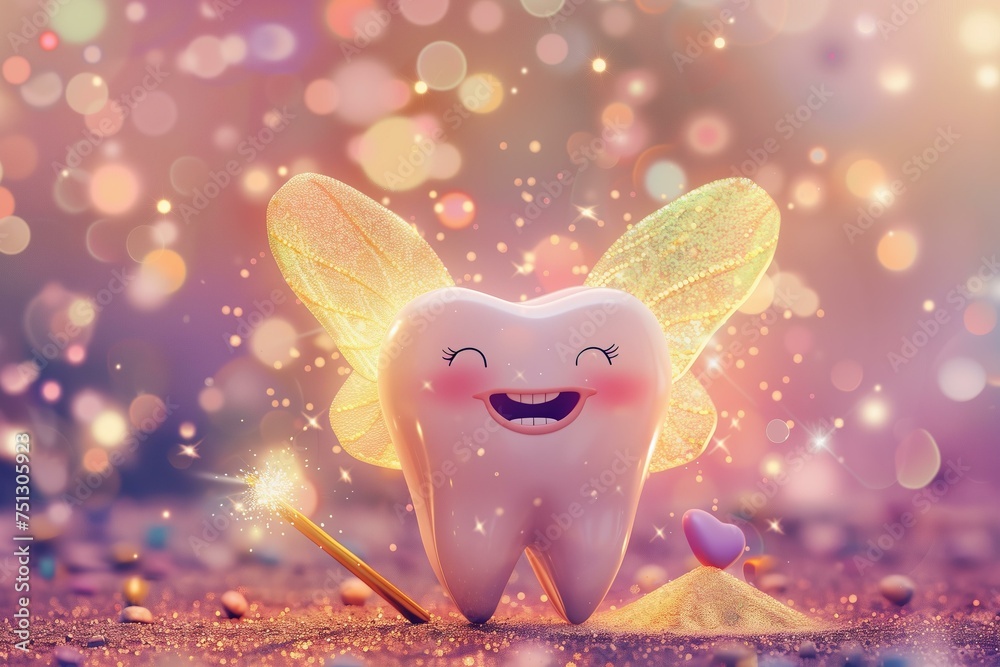 cute tooth character with iridescent fairy wings, a lot of fairy dust ...