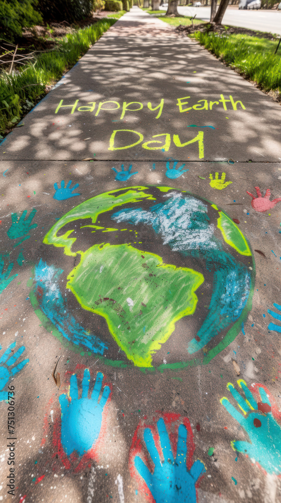Sidewalk chalk art depicts the Earth surrounded by colorful handprints ...