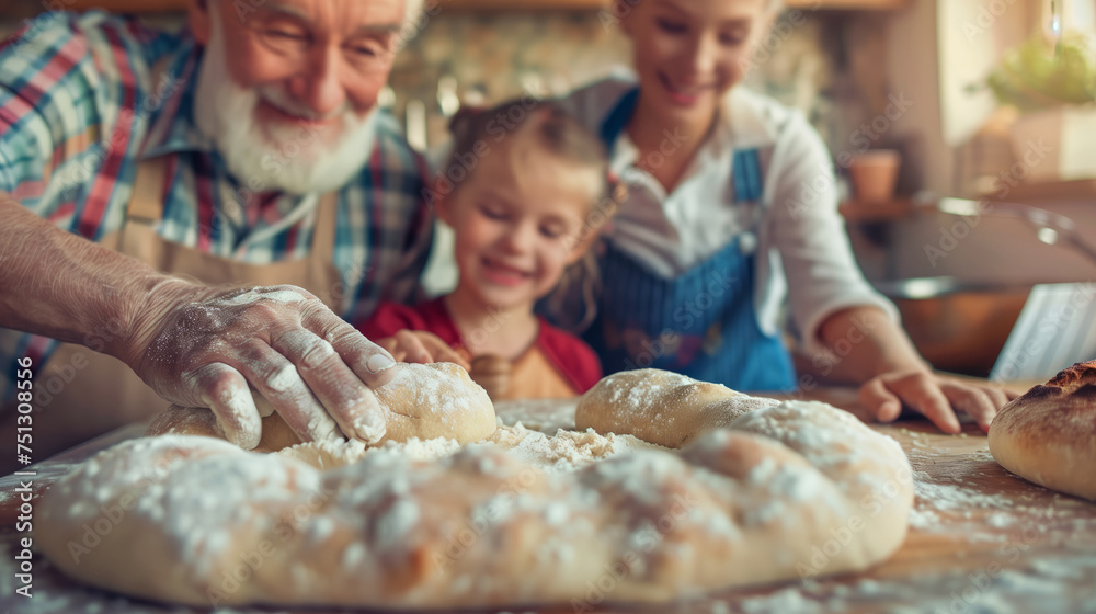 Grandparents, parents, and children gather around food table. The ...