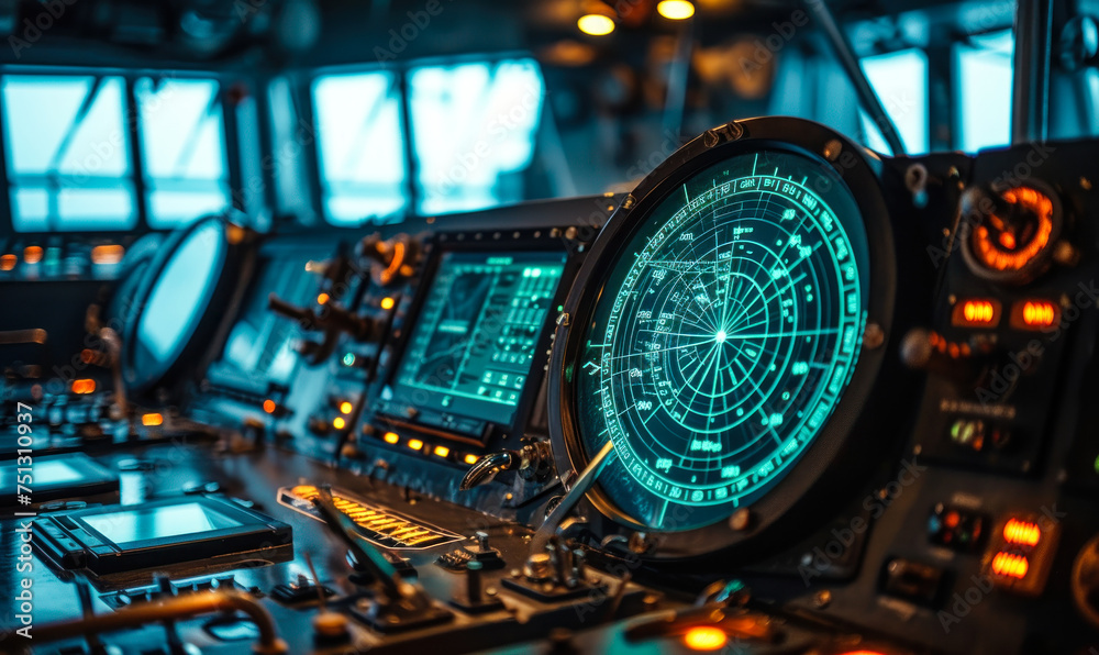 Advanced maritime navigation radar screen glowing in a dimly lit ship's ...