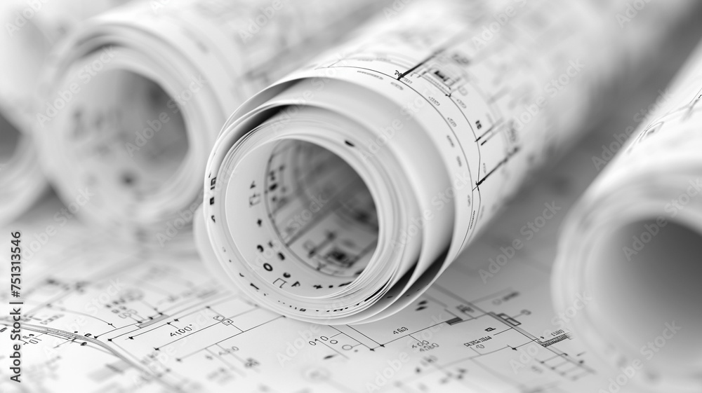 Roll of architectural drawing paper and blueprints. Specifies plans ...