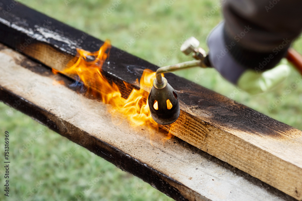 Burned Wood Board Charring Process with Burner and Fire Flame, Charred ...