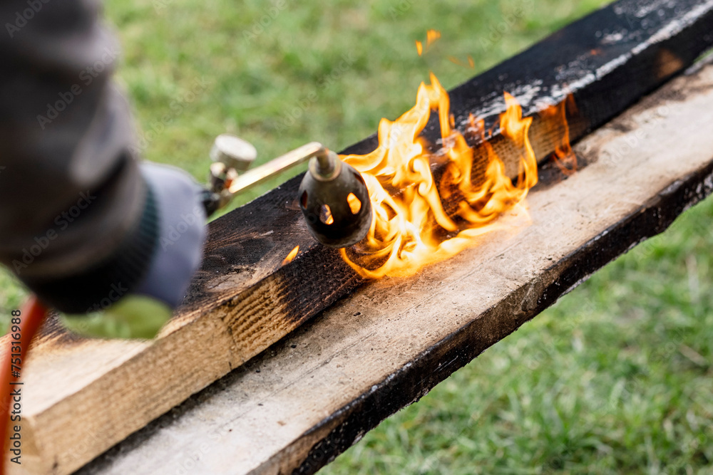 Wood Burning or Charring Wooden Boards with Fire Flame for Wood ...