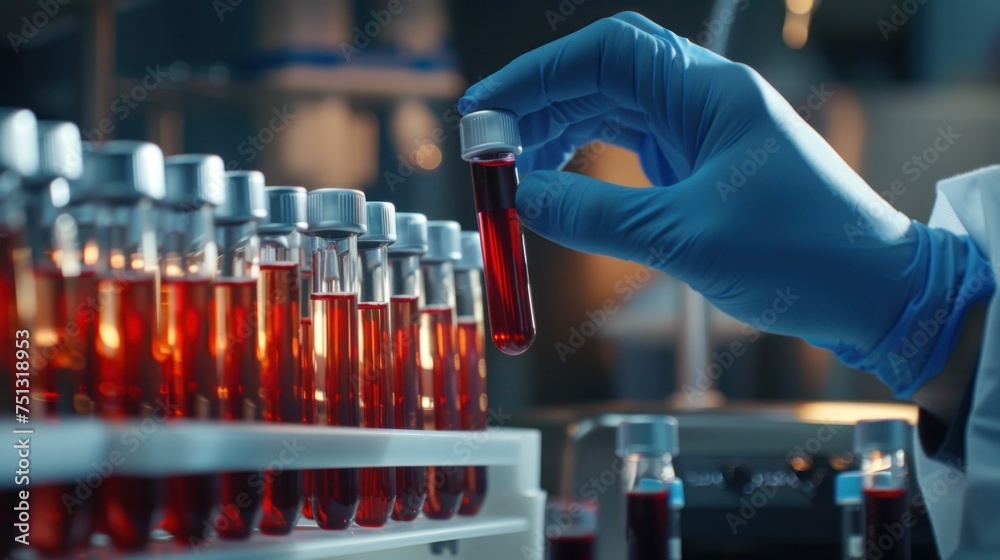 Doctor holding blood test tube from shelf with analyzer in laboratory ...