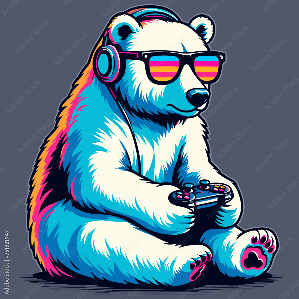 Polar Bear as Gamer, Holding game controller, Funny and Cool, Minimal T ...