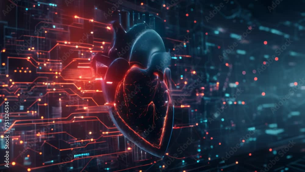 A digital representation of a human heart in a high-tech interface ...