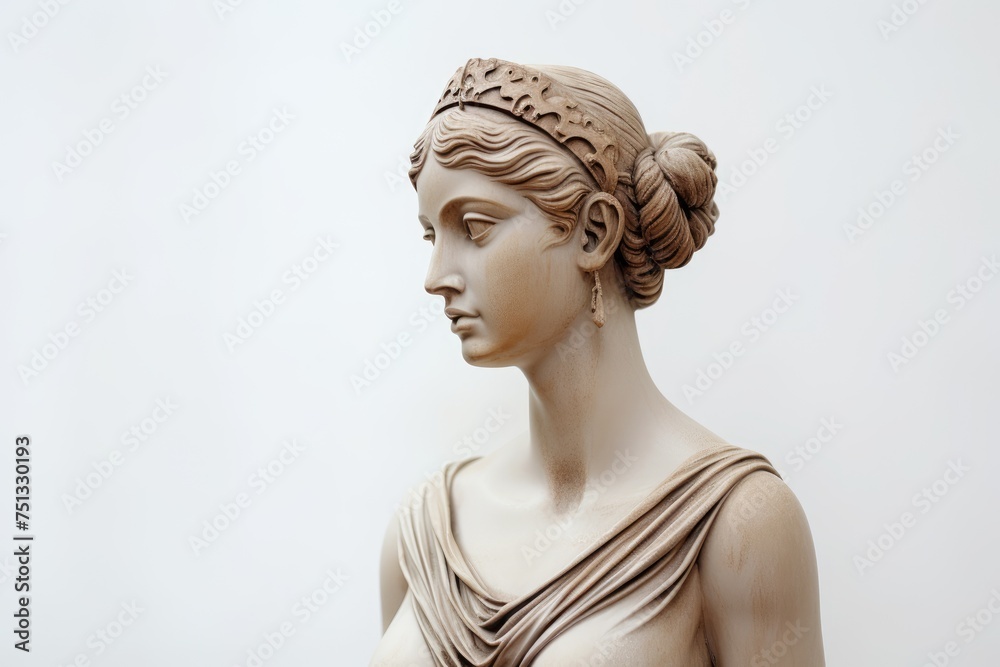 Ancient Greek Sculpture of Woman with wreath on her Head on gray ...