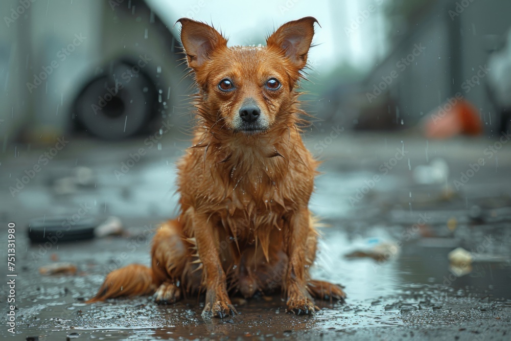 wet street dog, caught in the rain in an empty muddy and dirty alley ...