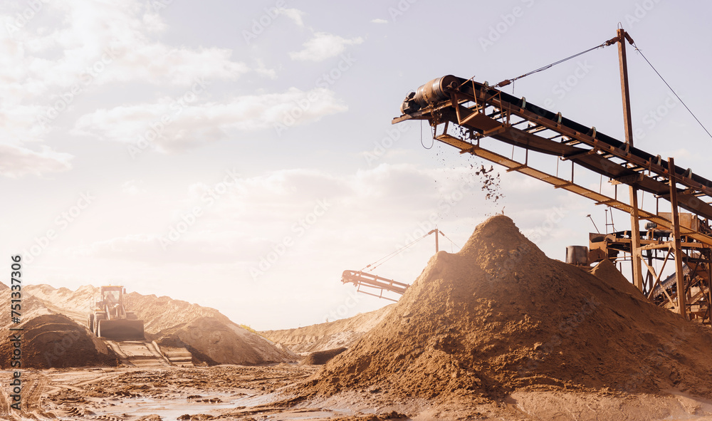 Sand quarry factory banner, Industrial plant with belt conveyor in open ...