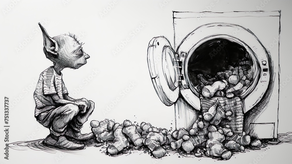 elfin laundry day: a whimsical pencil drawing of an elf tending to an ...