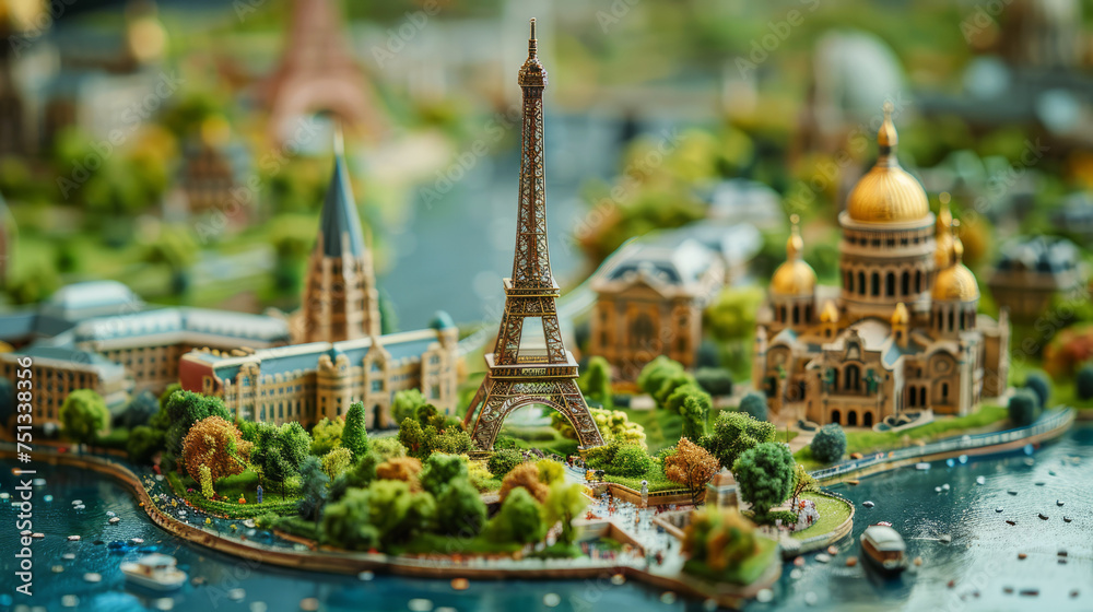 Intricate miniature diorama of famous landmarks with Eiffel Tower and ...