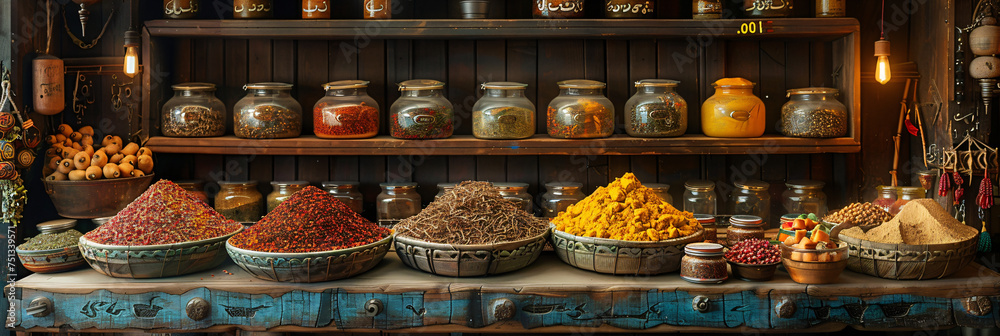 Spices and grains displayed in colorful mounds on a wooden market table ...