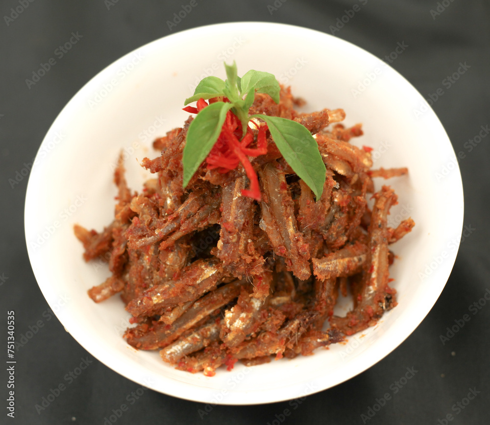 Sambal balado teri is fried anchovy with hot and spicy chili sauce ...