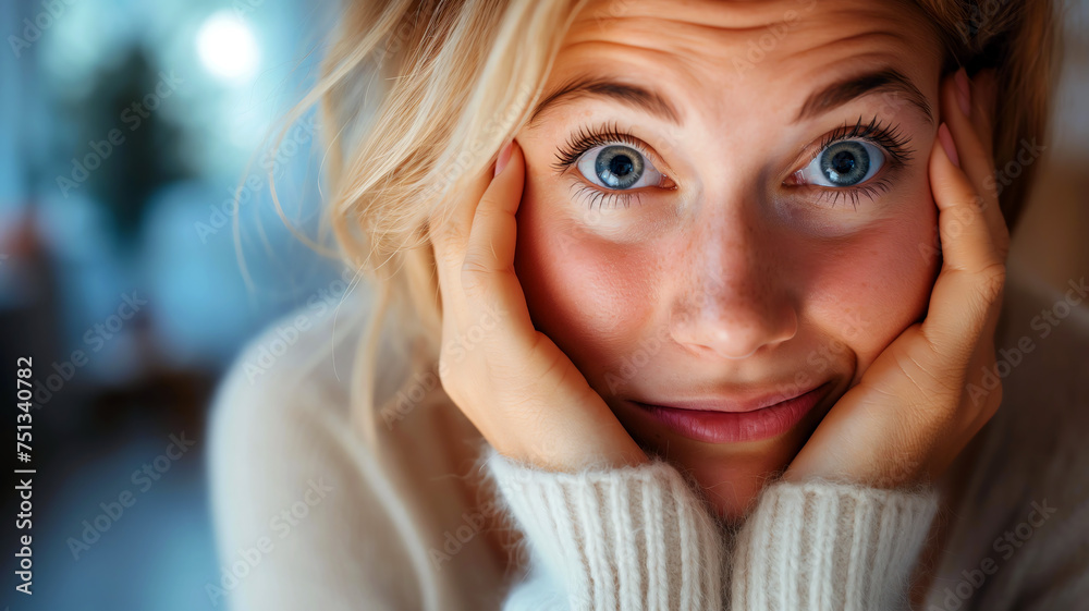 Woman with hands on cheeks and surprised expression representing ...