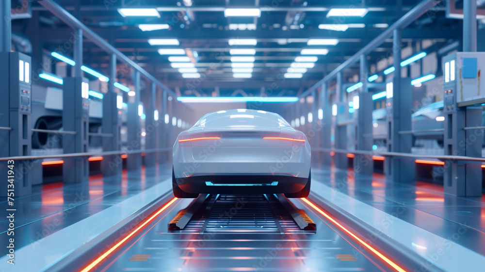 Automated robotics futuristic electric car production factory with production and efficiency ...