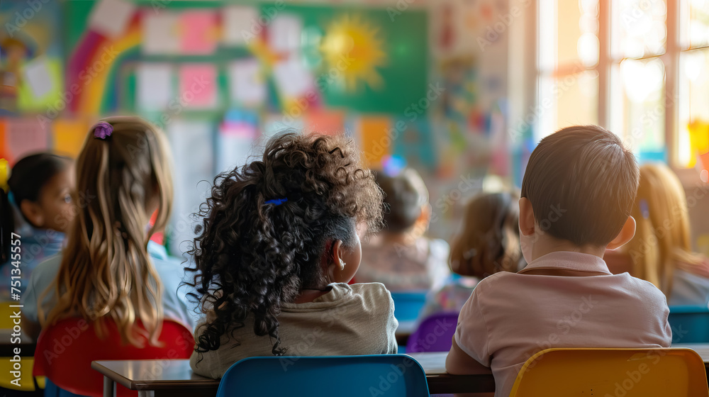 Kids go back to school. back view interracial group of children of ...