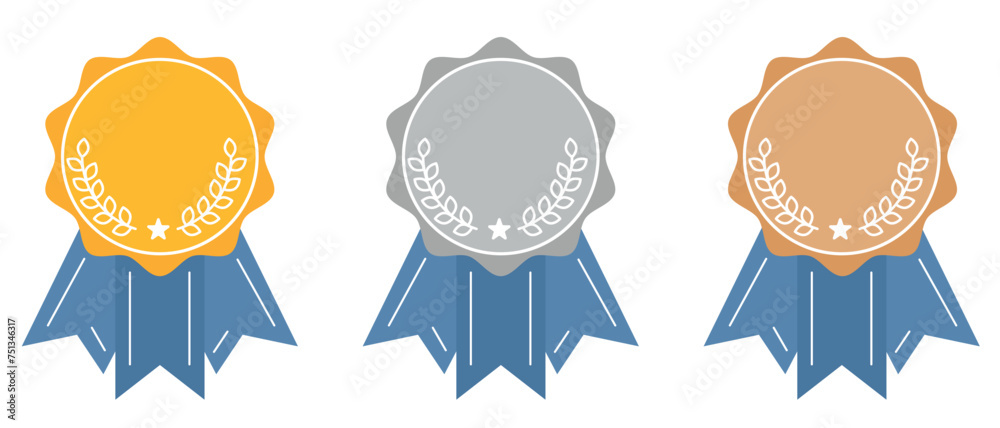 Gold, silver and bronze badges, medals for winners in sport ...