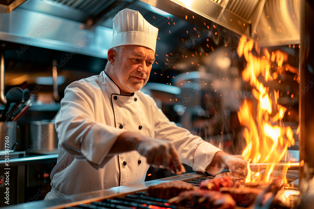 Chef cooking steak in restaurant kitchen. Professional chef cooking ...