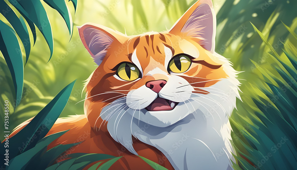 Cute illustration drawing of a ginger color cat face with sharp eyes in ...