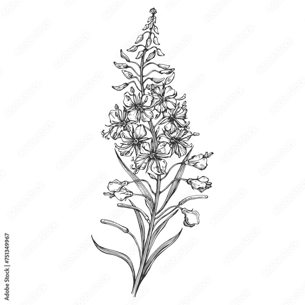 Willow herb. Fireweed. Hand drawn ink sketch botanical illustration on ...
