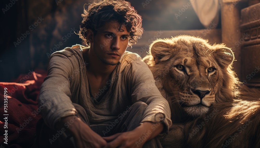 Daniel sitting calmly on a bed next to a fully grown lion in what ...