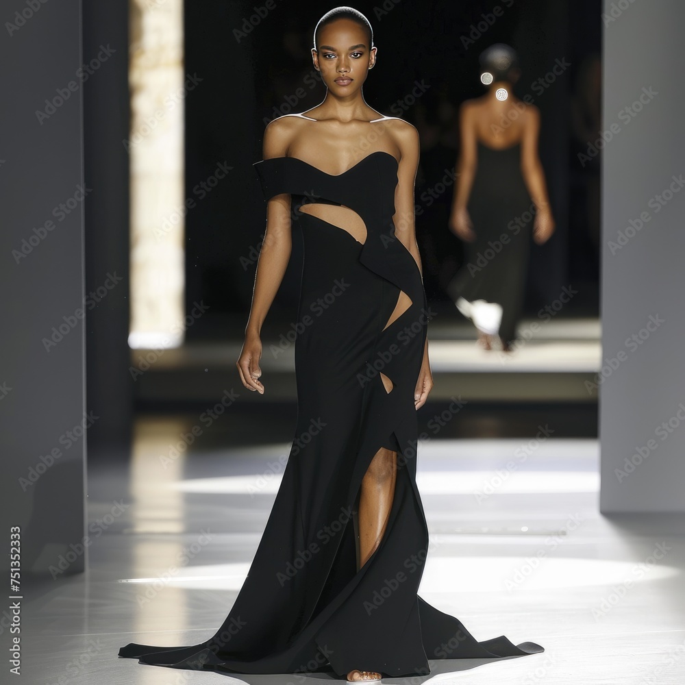 Elegant Fashion Model on Runway, black strapless maxi dress, poised ...
