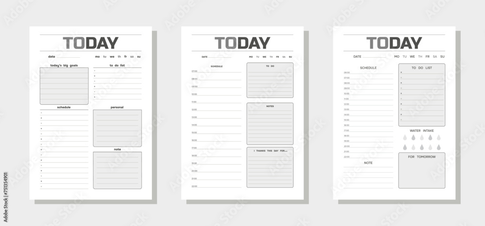 Three vector simple black and white daily planners in one modern style ...