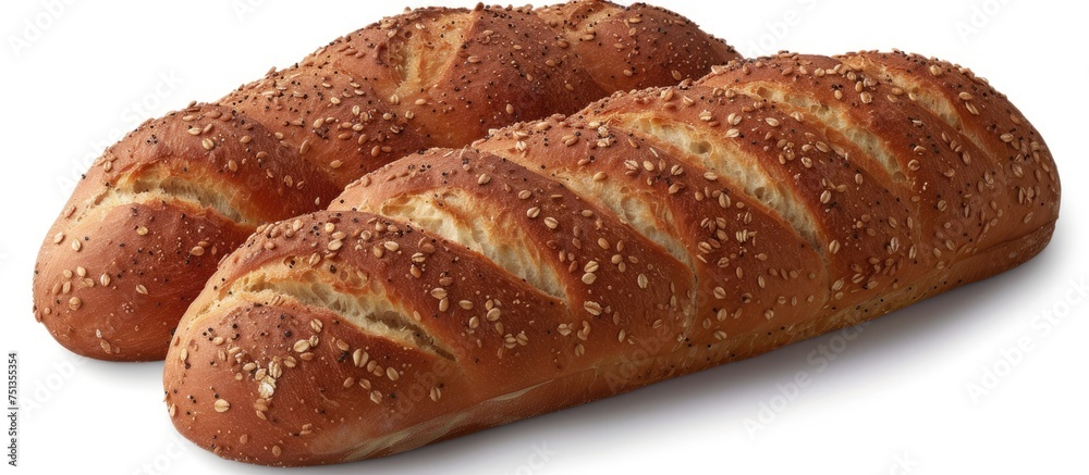 Two loaves of multigrain bread are placed side by side on a plain white ...
