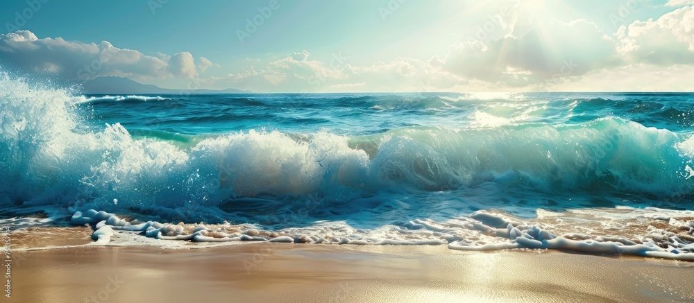 The painting depicts powerful ocean waves crashing onto a sandy beach ...