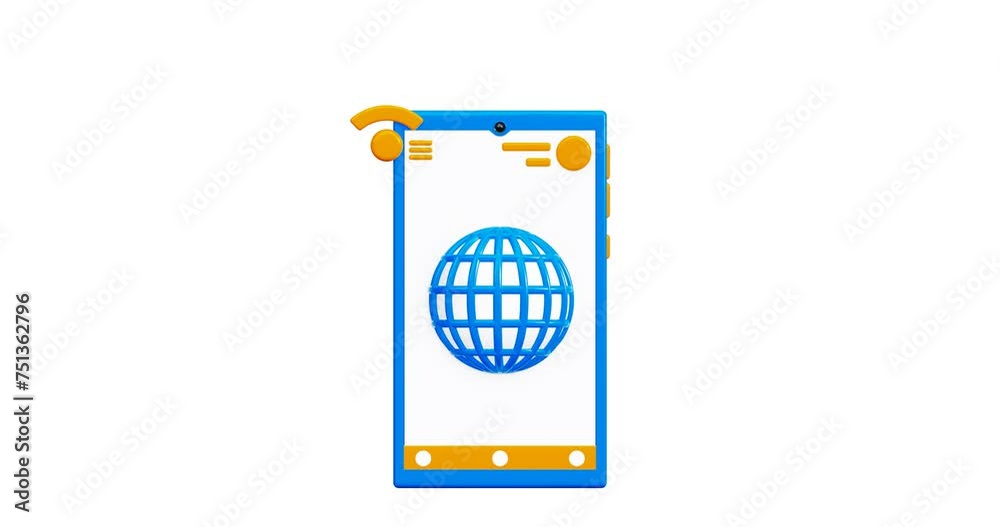 3D animation phone icon with internet network icon on the display ...