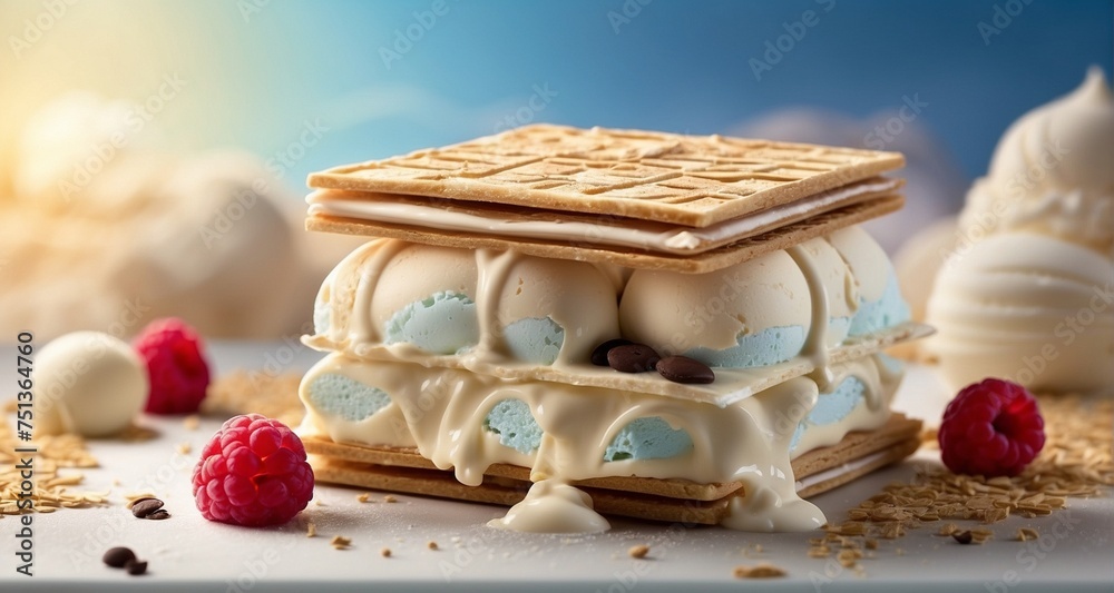 Showcase a visually stunning image of a yummy wafer ice cream sandwich ...