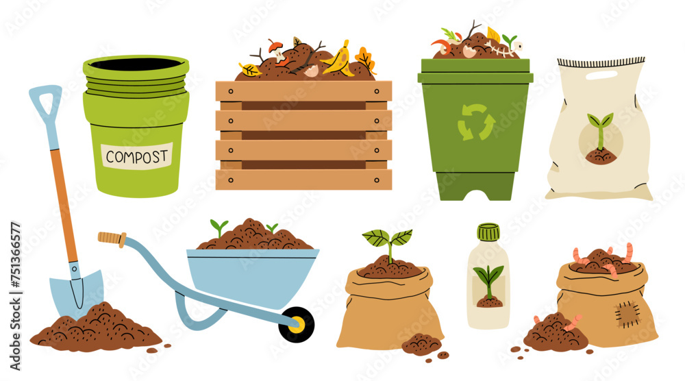 Set of cartoon flat icons. Organic composting theme. Garden tools, bag ...