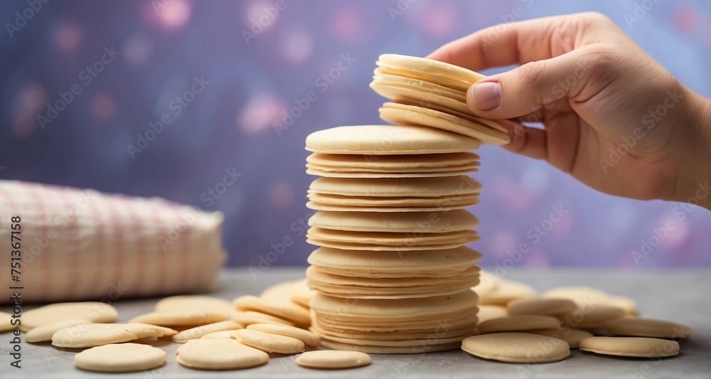 Compose an image of a hand holding a stack of ultra-realistic yummy ...