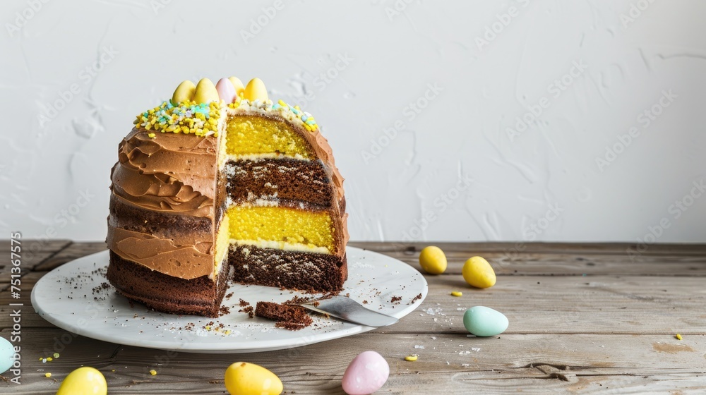 multi colored layered Easter cake with white cream with a cut piece on ...